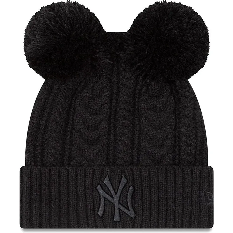 Bonnet noir avec pompom avec logo noir pour femme Cuff Double New York ...
